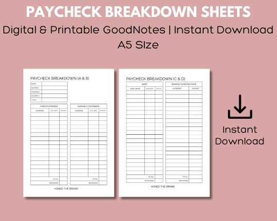 Digital A5 Paycheck Breakdown Tracker - Budget Sheets - Honed The Brand